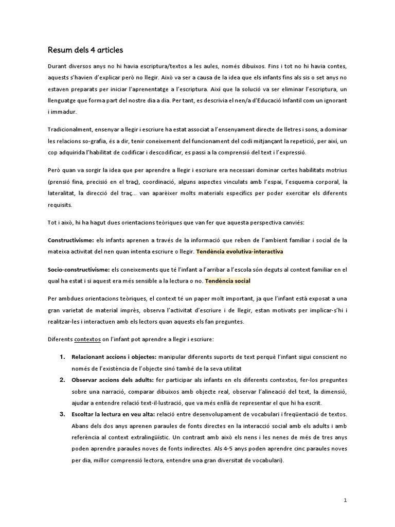 Resum 4 Articles Educació Infantil | PDF