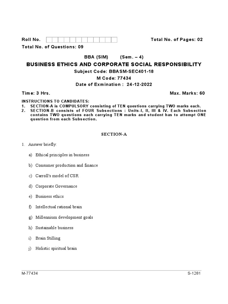Business Ethics and CSR Question Paper | PDF