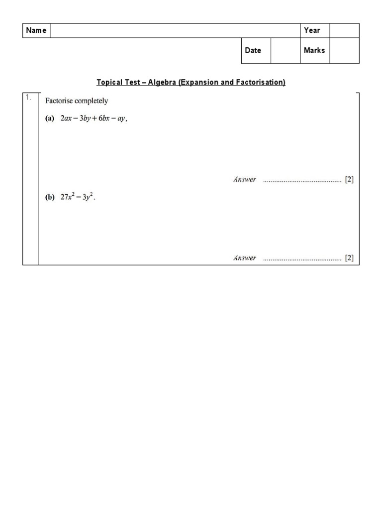 Test 1 - Algebra (Paper 1) | PDF