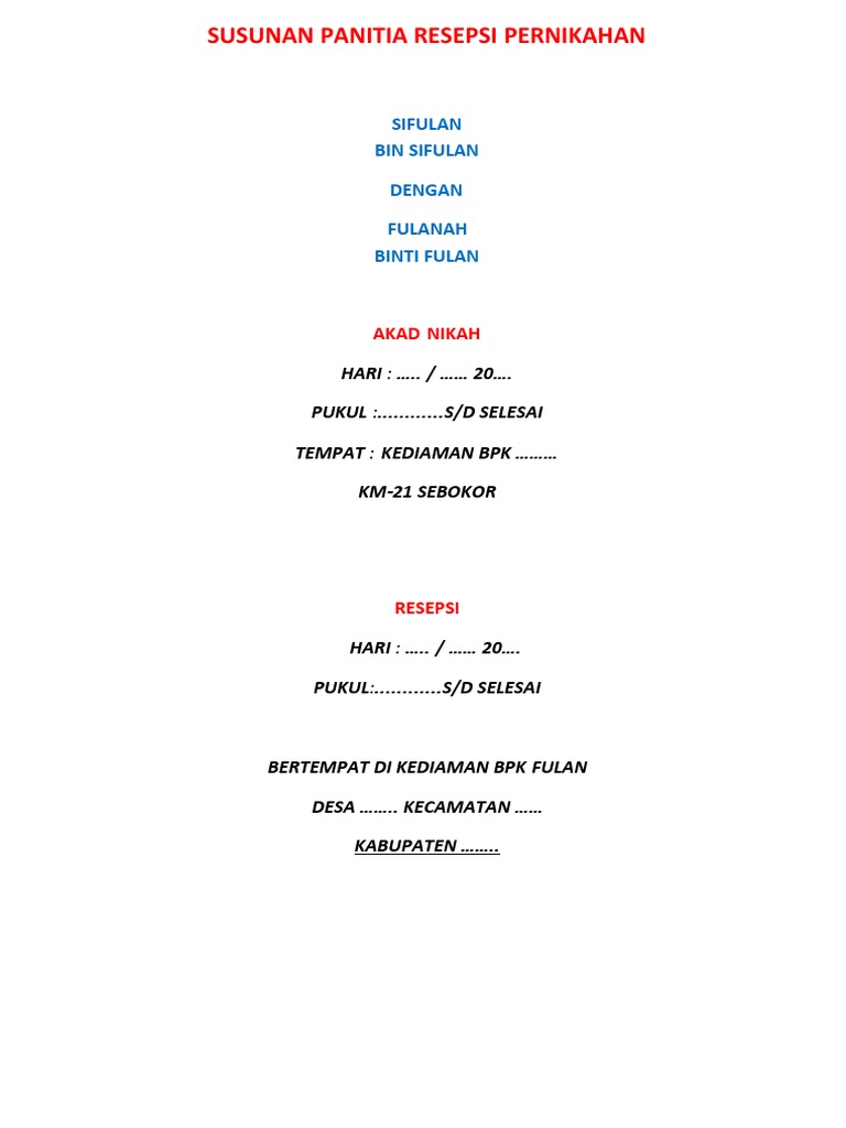 Susunan Panitia Resepsi Pernikahan | PDF