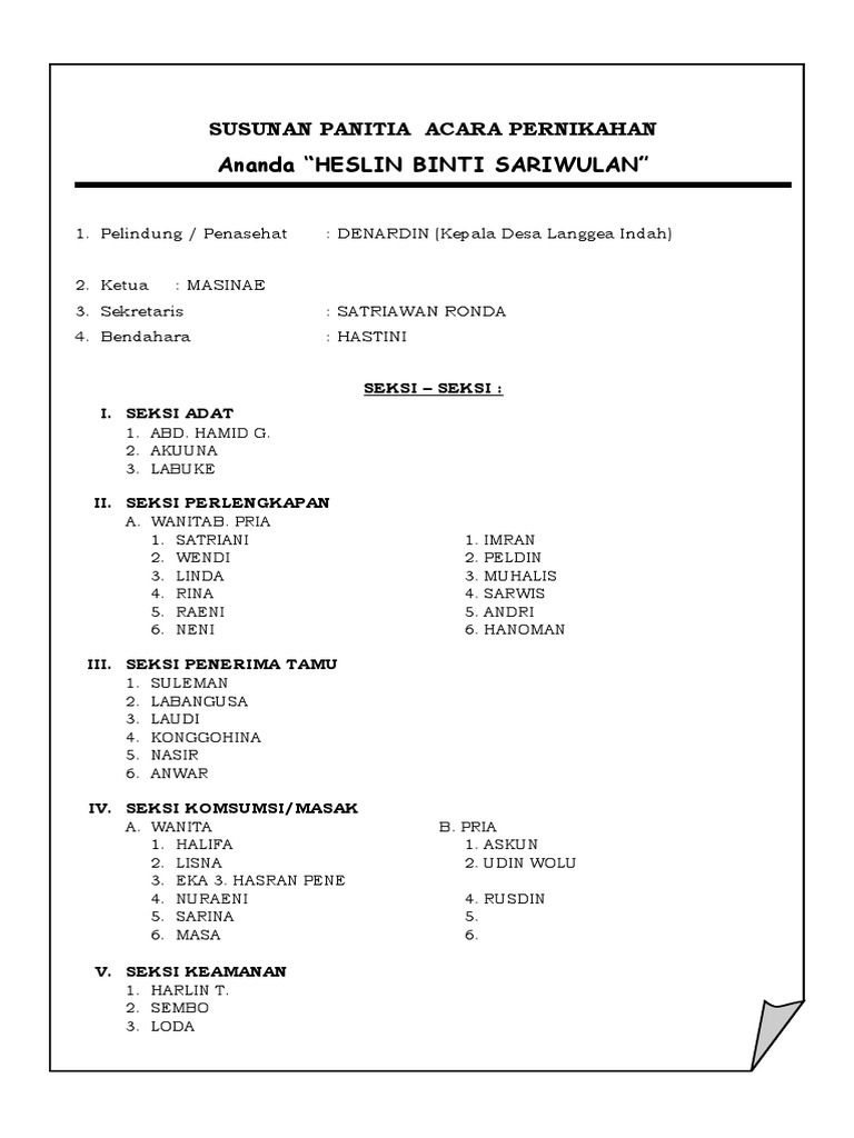 Susunan Panitia Acara Pernikahan | PDF