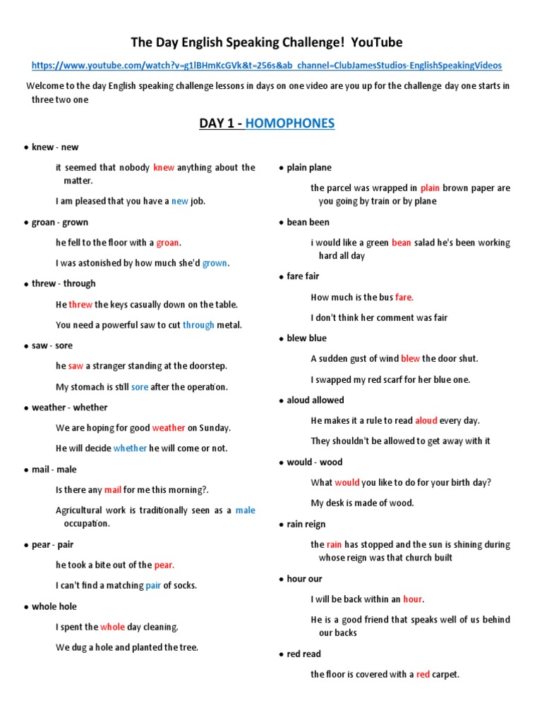 The Day English Speaking Challenge Pdf Thought Foods