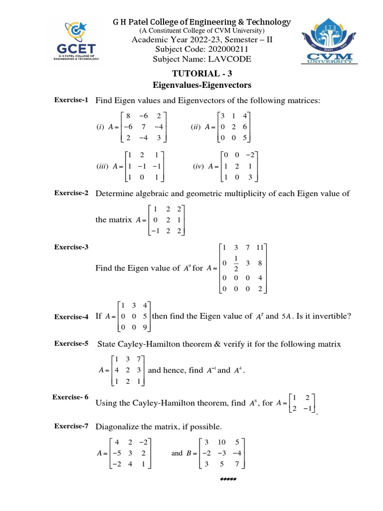 Tutorial - 3 Eigenvalues-Eigenvectors: Exercise-1 | PDF