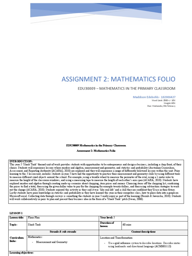 EDU30009-A2 Mathematics Folio | PDF | Inclusion (Education) | Curriculum