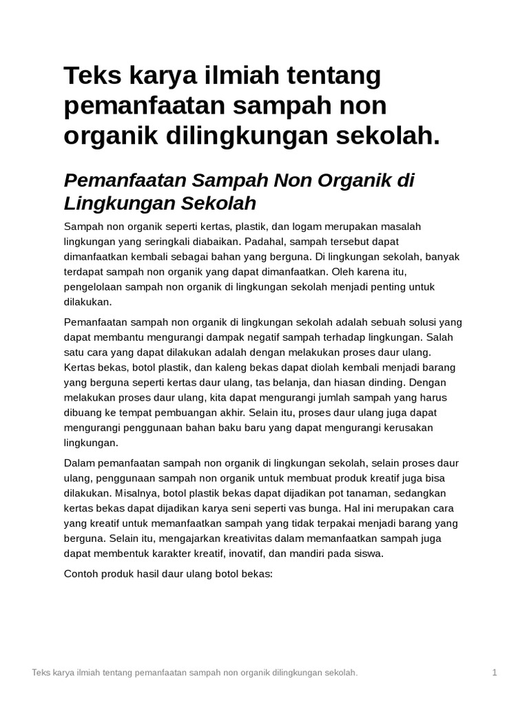 Teks Karya Ilmiah Tentang Pemanfaatan Sampah Non Organik Dilingkungan ...