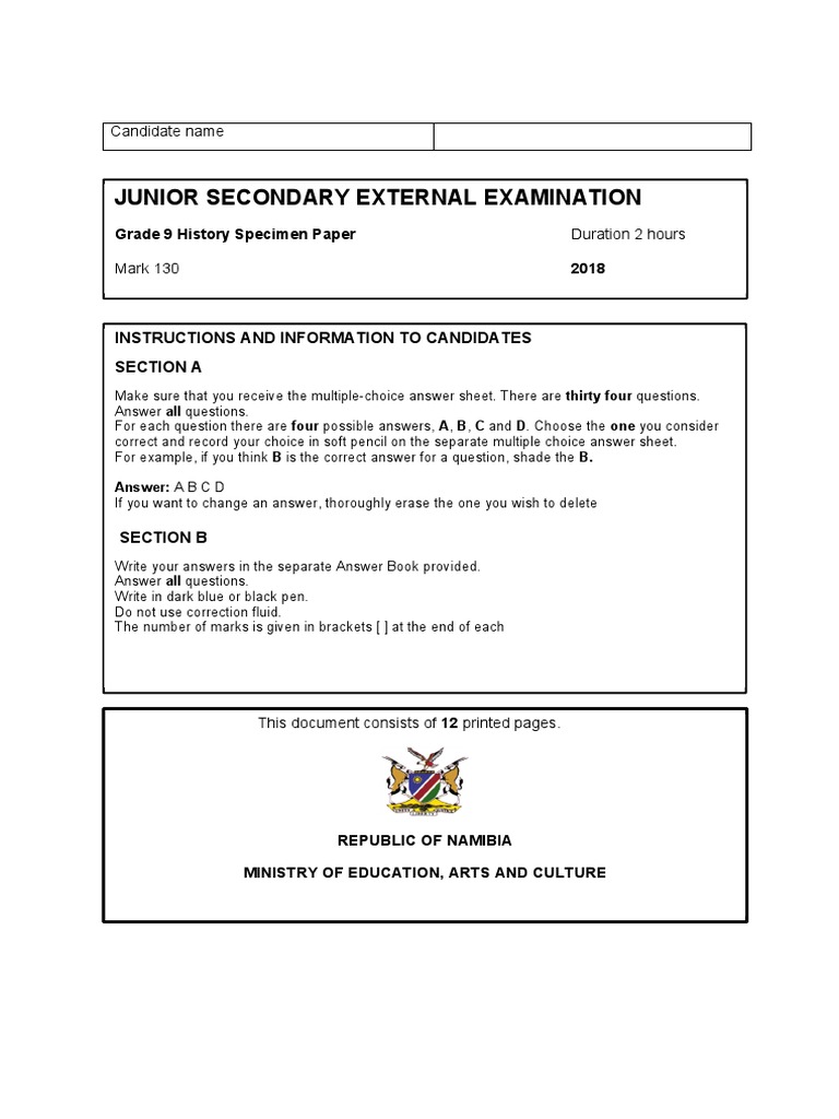 Js History Specimen Grade 9 | PDF | Namibia | Multiple Choice