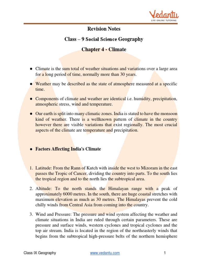 Cbse Class 9 Social Science Geography Chapter 4 Notes | PDF | Monsoon ...