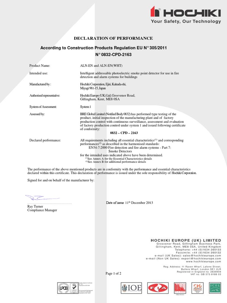 3426 - EUHOAOPS - Optical Smoke Detector - Declaration of Performance | PDF