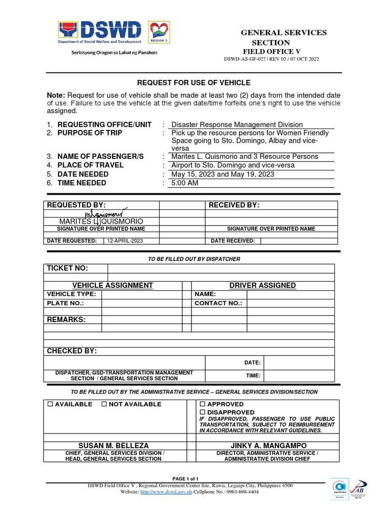 Request For Vehicle | PDF | Road Transport | Land Transport