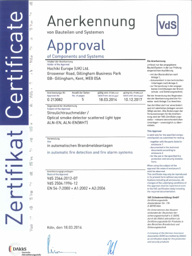 3426 EUHOAOPS Optical-Smoke-Detector VdS-Certificate | PDF