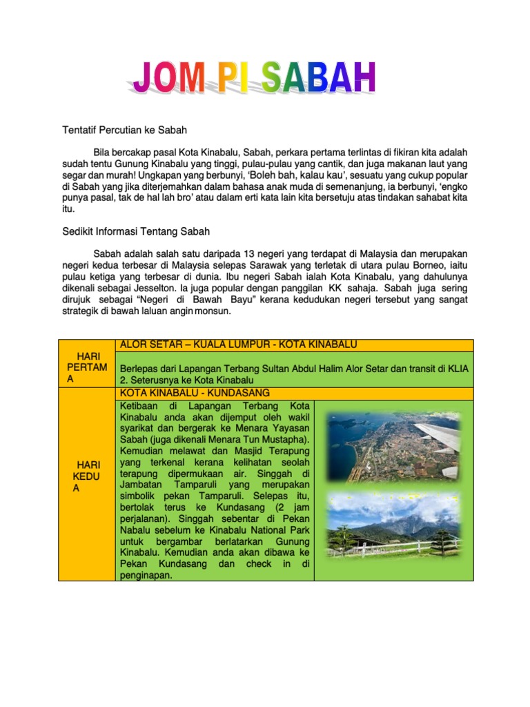 Tentatif Percutian Ke Sabah | PDF