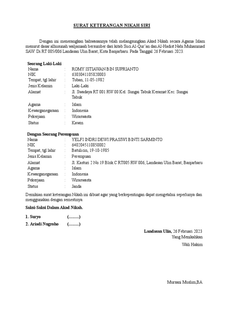Edit Surat Keterangan Nikah Siri | PDF