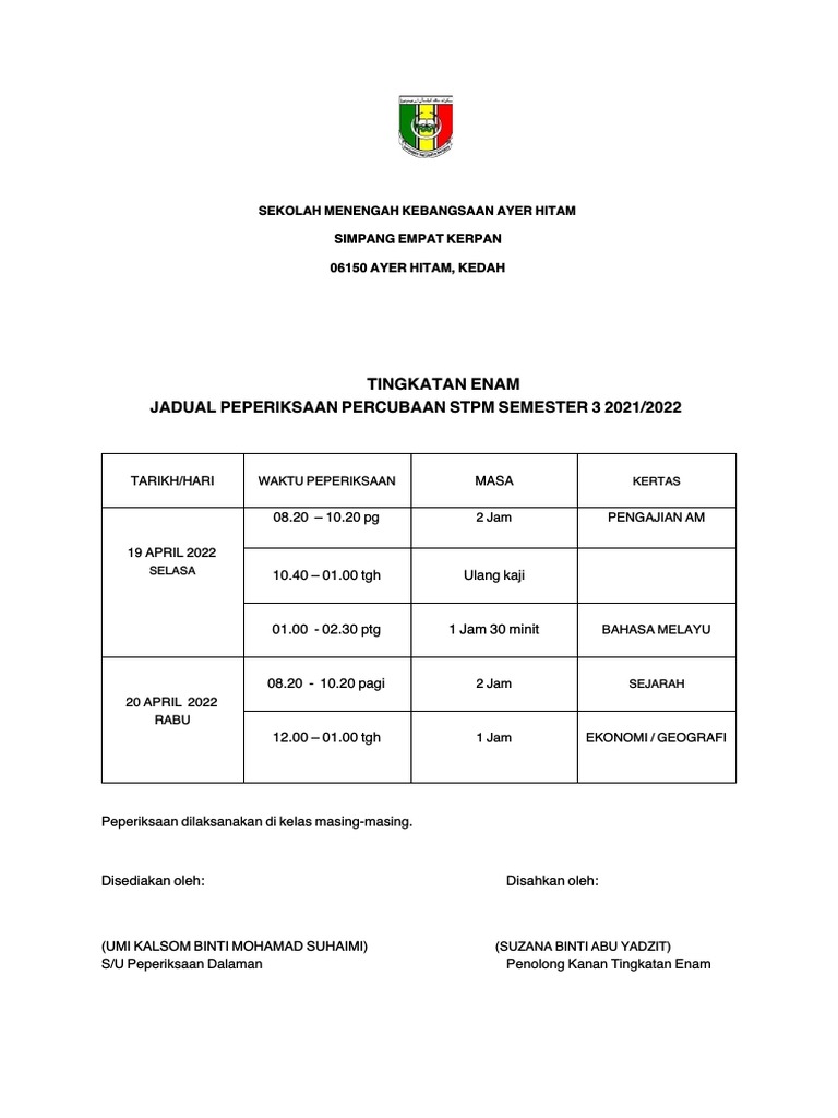 Jadual Peperiksaan Sem 3 PDF | PDF