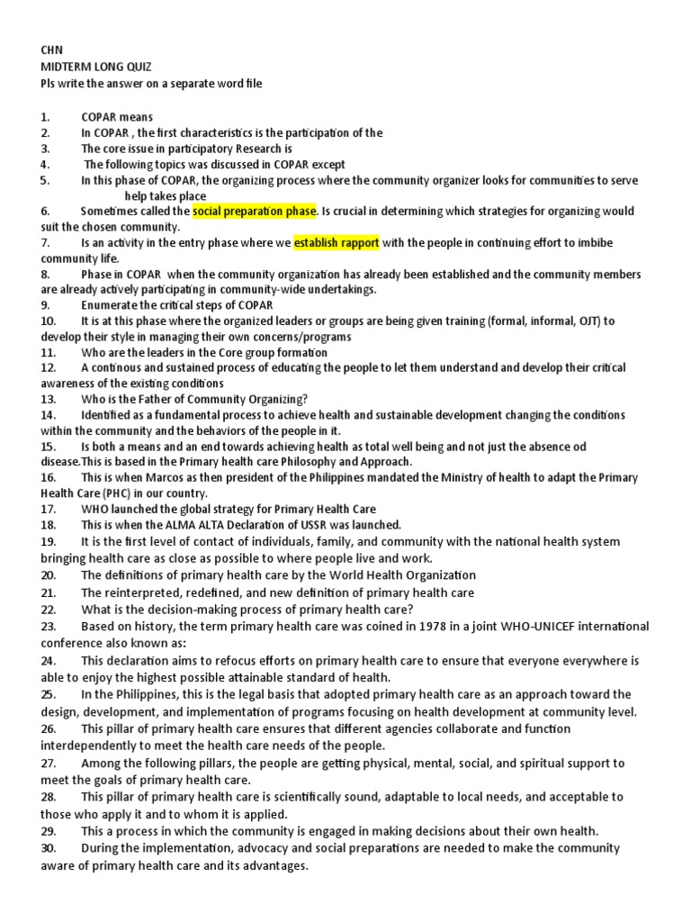 CHN Midterm Long Quiz | PDF | Health Care | Social Policy