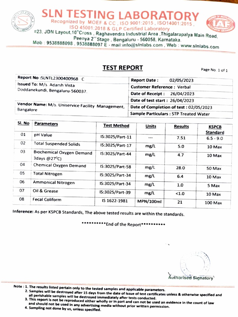 STP - Treated Water | PDF | Physical Sciences | Chemistry