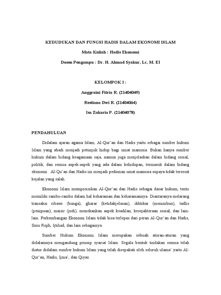 KEDUDUKAN DAN FUNGSI HADIS DALAM EKONOMI ISLAM | PDF KEDUDUKAN DAN FUNGSI HADIS DALAM EKONOMI ISLAM | PDF