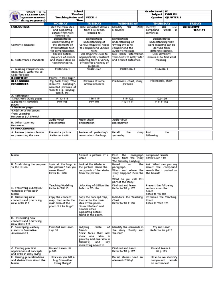 DLL English Quarter 2 Week 1 9docx | PDF | Learning | Beehive