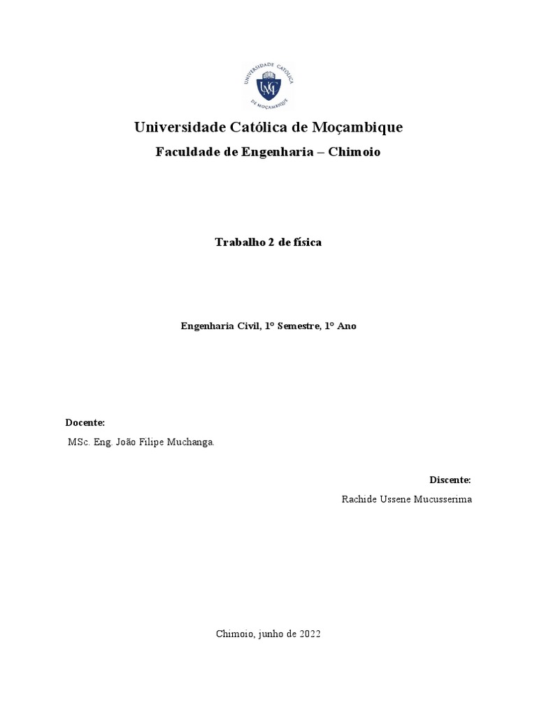 UCM-Chimoio 2o TRABALHO DE FISICA1 | PDF | Ciências Físicas | Química