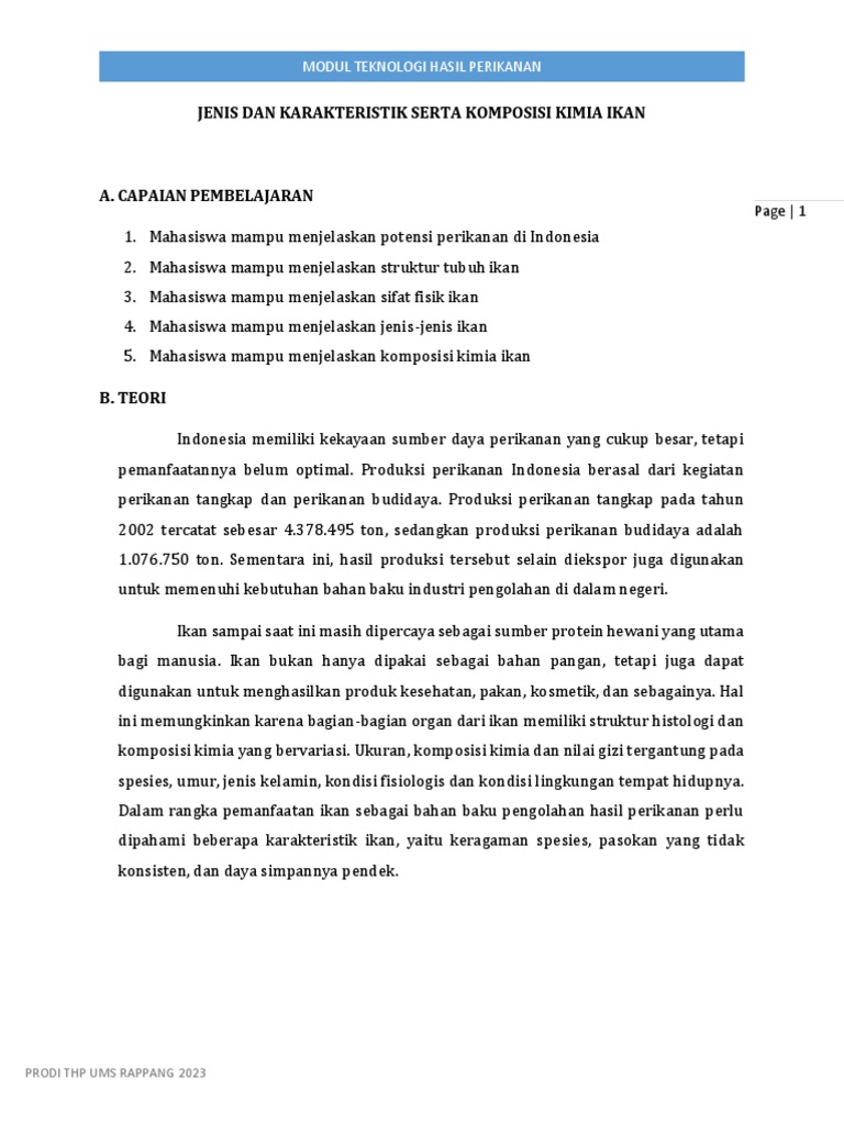 Modul 1 Jenis Dan Karakteristik Serta Komposisi Kimia Ikan | PDF