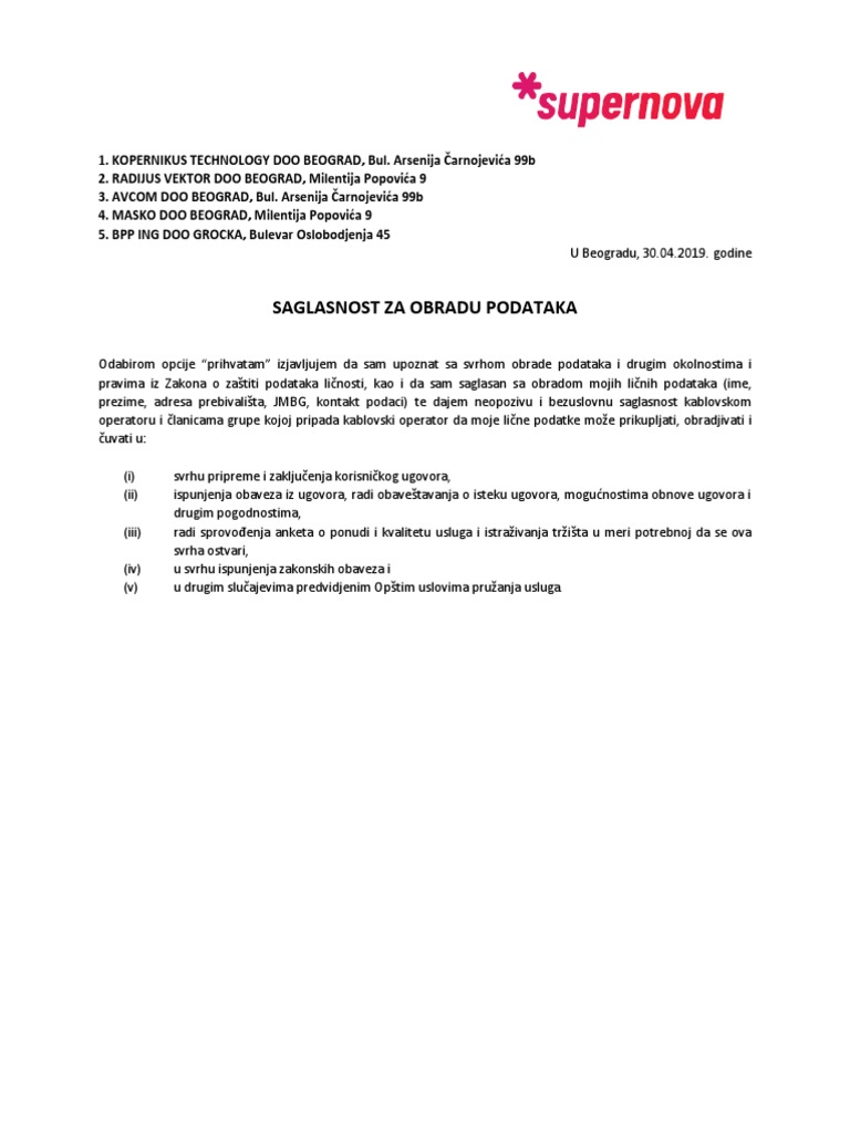 Supernova - Saglasnost Za Obradu Podataka. | PDF