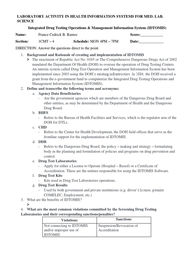 IDTOMIS Overview for Med Lab Science | PDF | Drug Test | Health Care