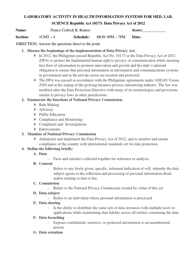 Laboratory Activity - HIS Lab - Data Privacy Act | PDF | Information ...
