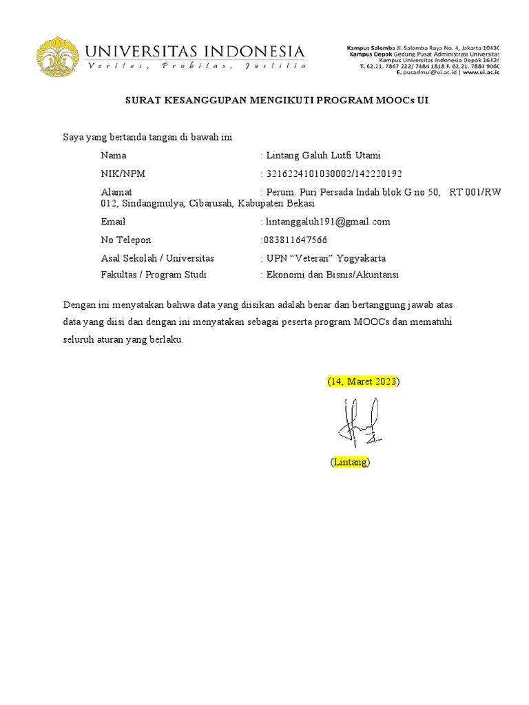 Template Surat Pendaftaran Program MOOCs UI | PDF