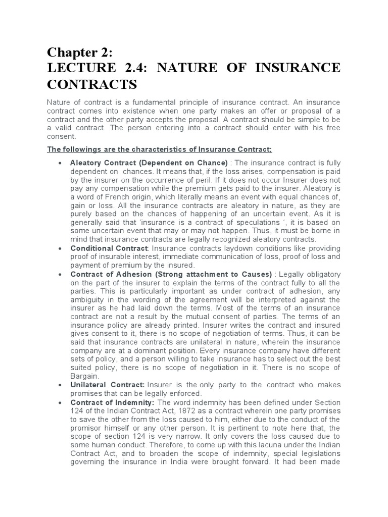 Ch.2. L2.4 Nature of Insurance Contracts | PDF