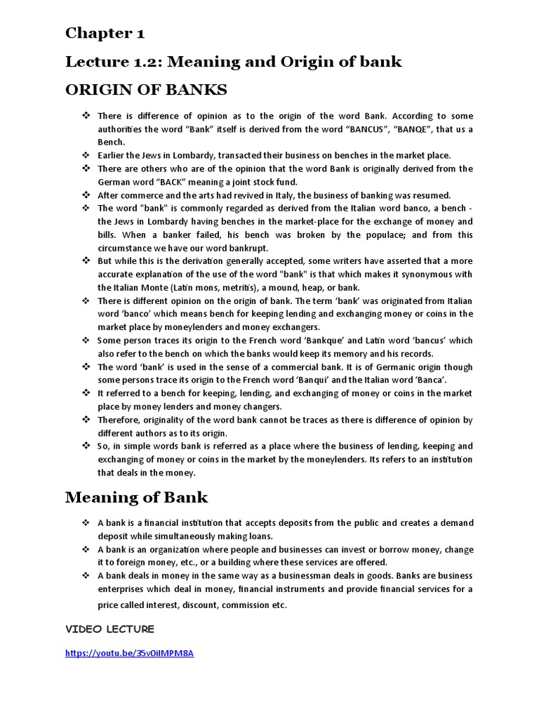 Chapter 1. Lecture 1.2 Meaning of Bank | PDF | Money | Banks