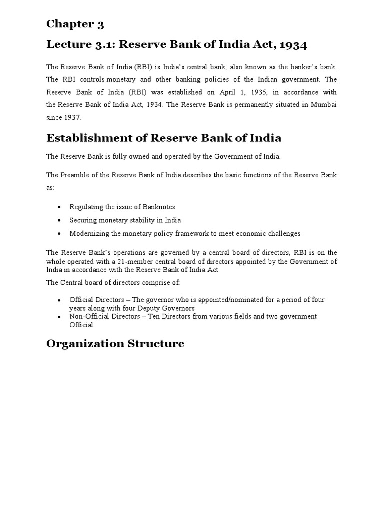 Overview of Reserve Bank of India Act | PDF | Reserve Bank Of India | Banks