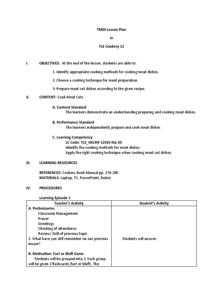 TMDI Lesson Plan Final Demo | PDF | Cooking | Meat
