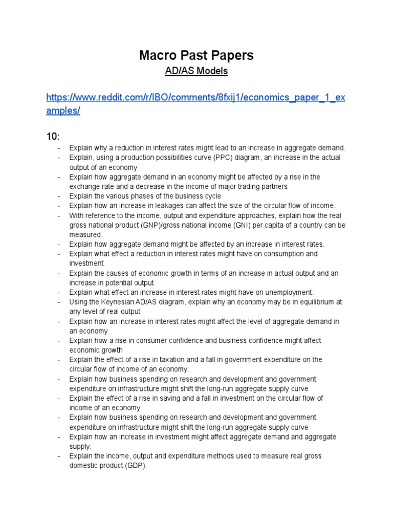 Macro Economics Past Paper Questions | PDF | Macroeconomics | Aggregate ...