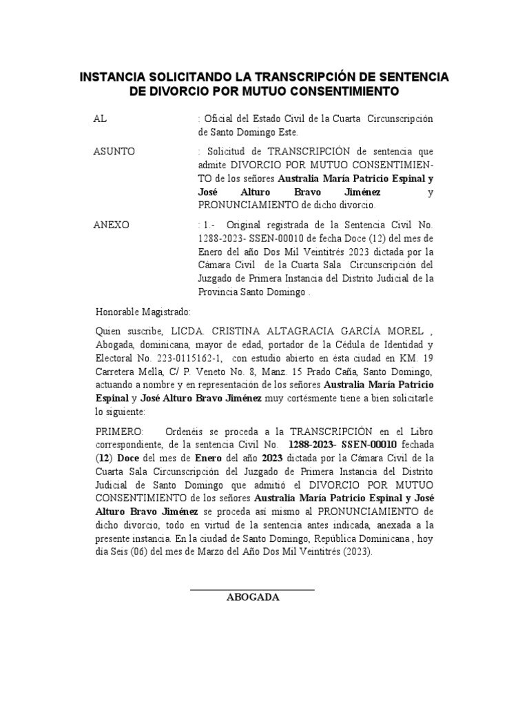 Instancia de Solicitud de Transcripción de Divorcio Por Mutuo Acuerdo | PDF