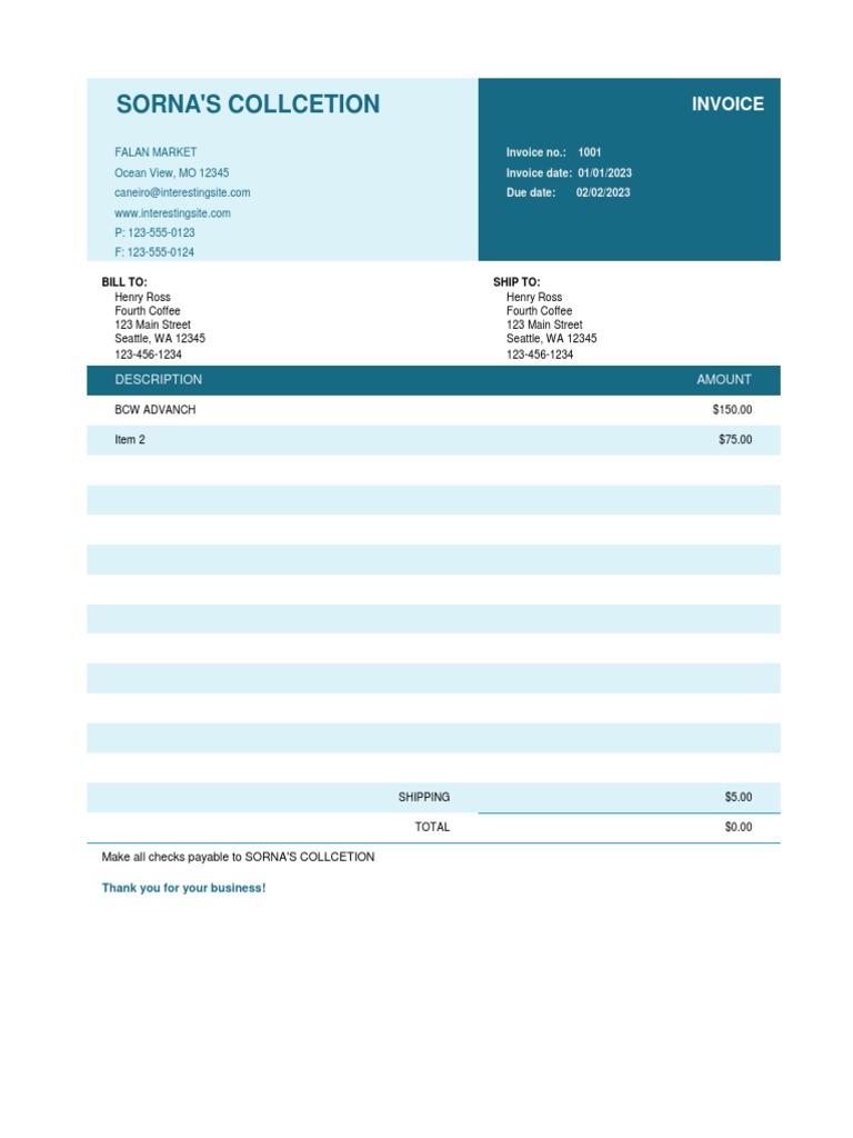 Invoice 1001 - Sorna's Collection | PDF