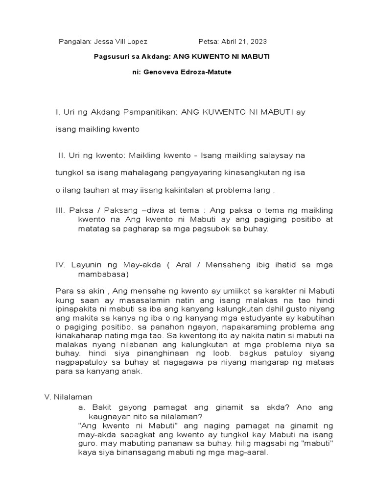 Pagsusuri Sa Akdang - Ang Kuwento Ni Mabuti | PDF