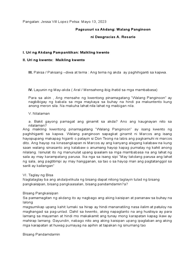 Pagsusuri Sa Akdang - Walang Panginoon | PDF