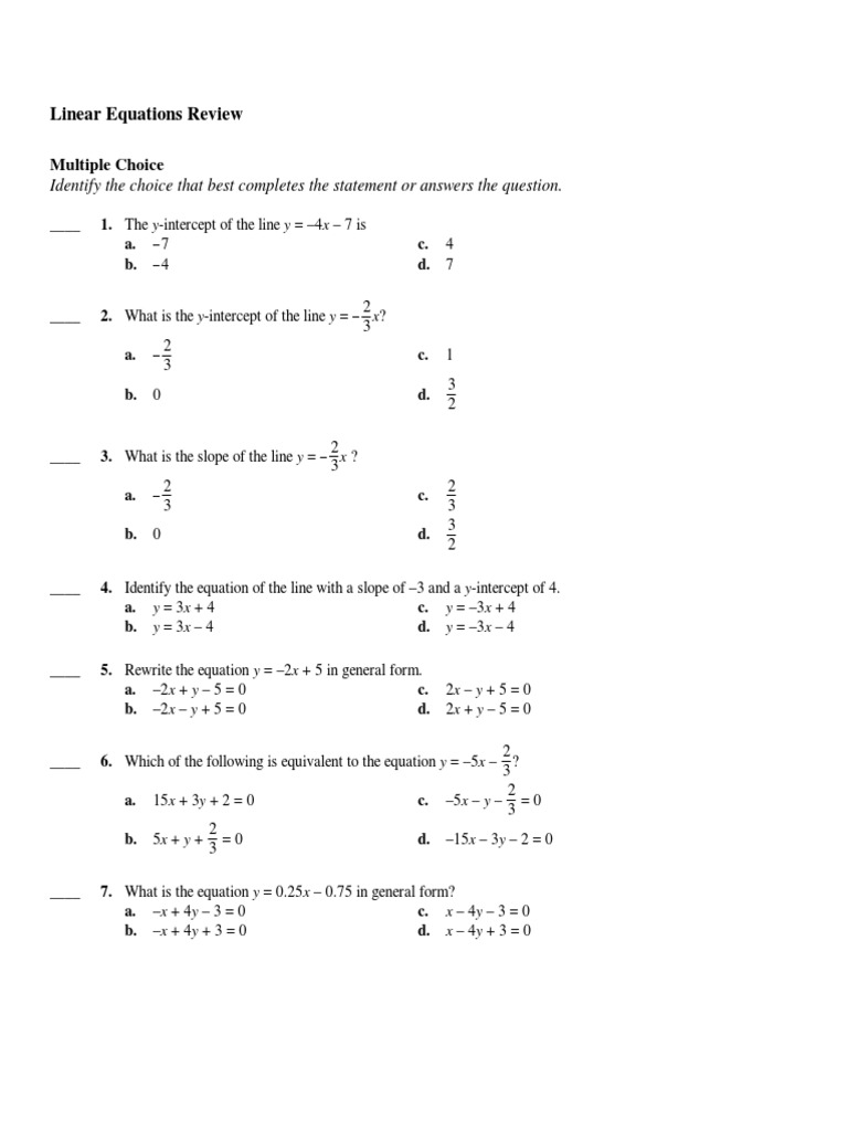 Linear Equations Review Assignment PDF | PDF | Line (Geometry) | Slope