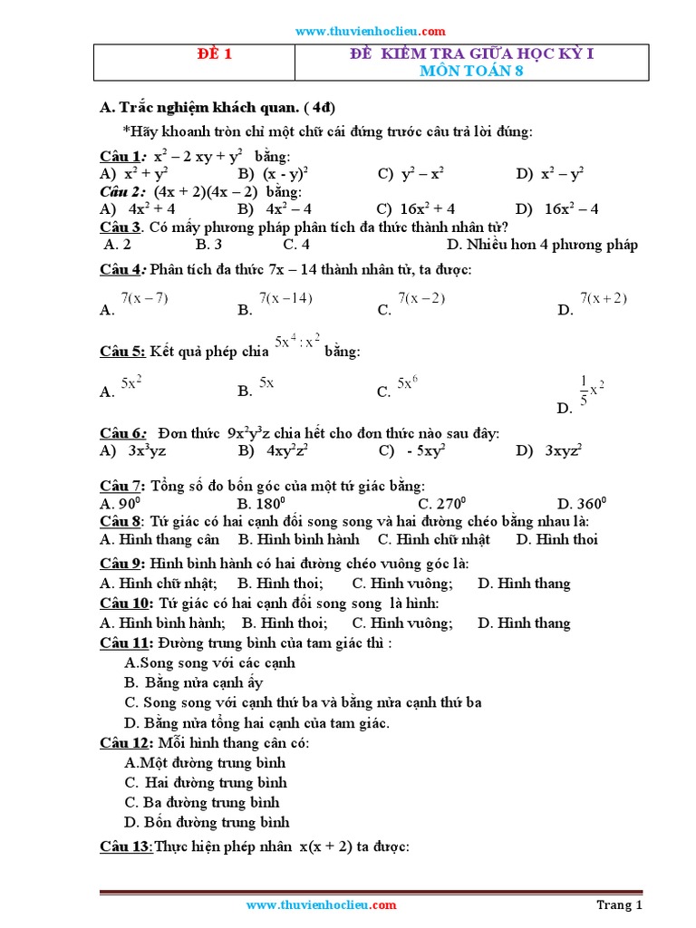 Bo de Kiem Tra Giua HK1 Toan 8 | PDF