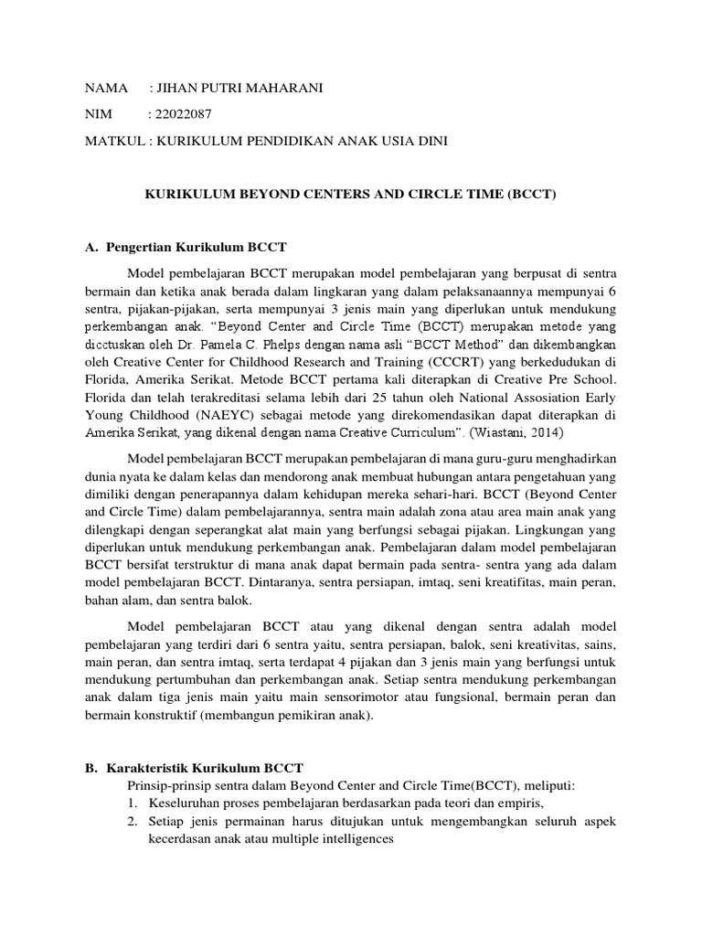Resume Kurikulum Paud (Kurikulum BCCT) | PDF | Karier & Perkembangan | Kesehatan Holistik