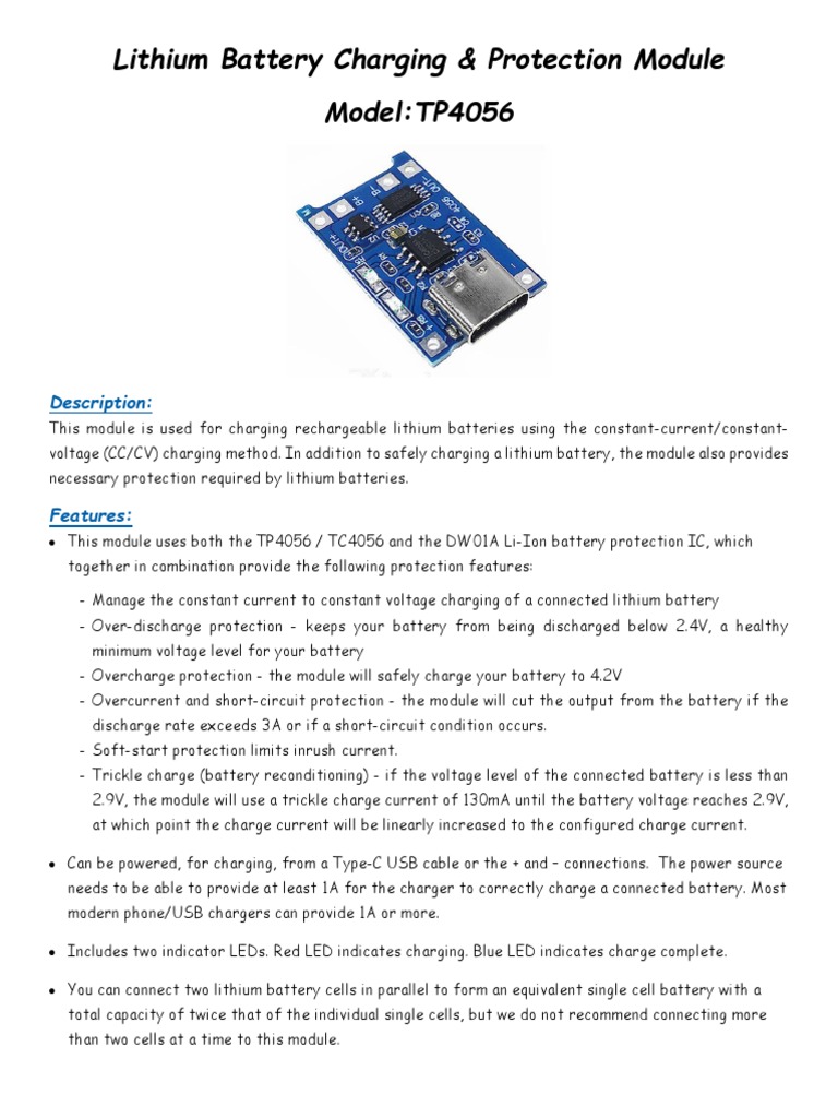 Lithium Battery Charging & Protection Module Model:TP4056: Description | PDF | Battery Charger ...