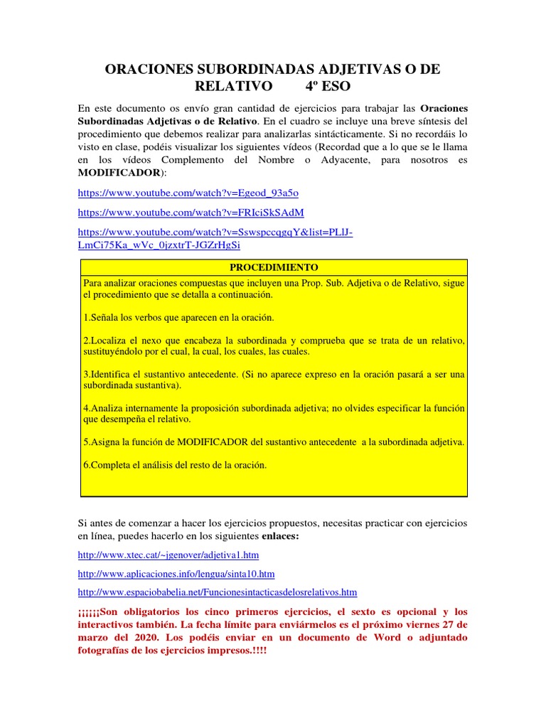 Ejercicios de Oraciones Subordinadas 4º ESO | PDF | Oración ...