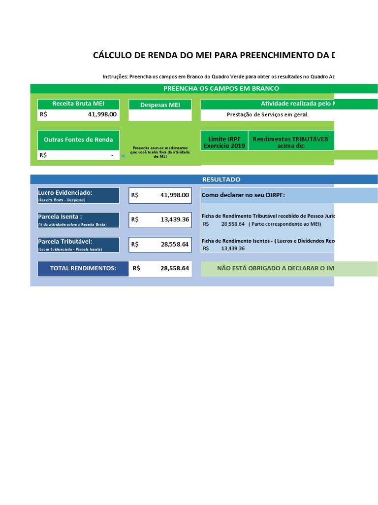 Planilha Cálculo IRPF MEI | PDF | Imposto de Renda | Impostos