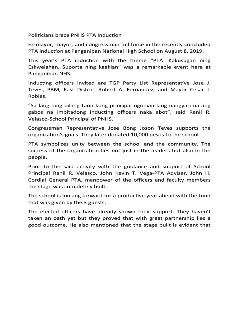 PTA Induction Is An Annual Event Held in This School | PDF