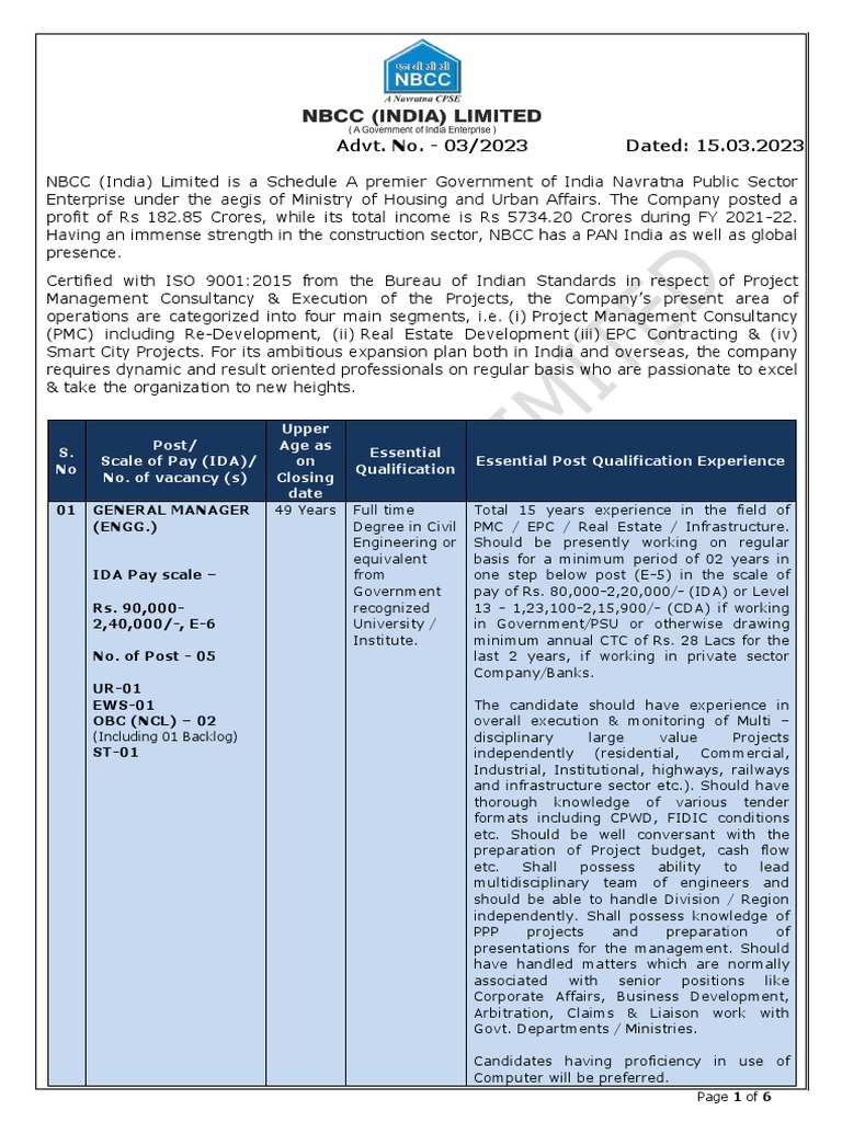 08 General Manager Assistant Manager Posts Advt Details NBCC | PDF