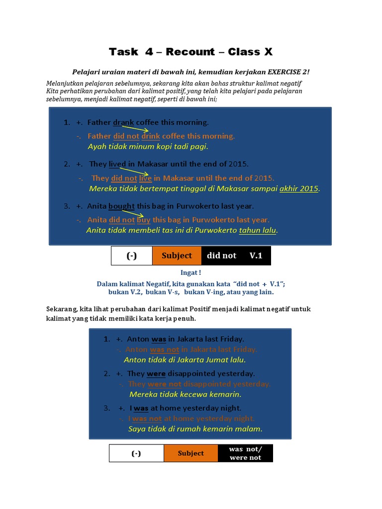 Task 4 - Recount - Class X - Simple Past - Negative PDF | PDF