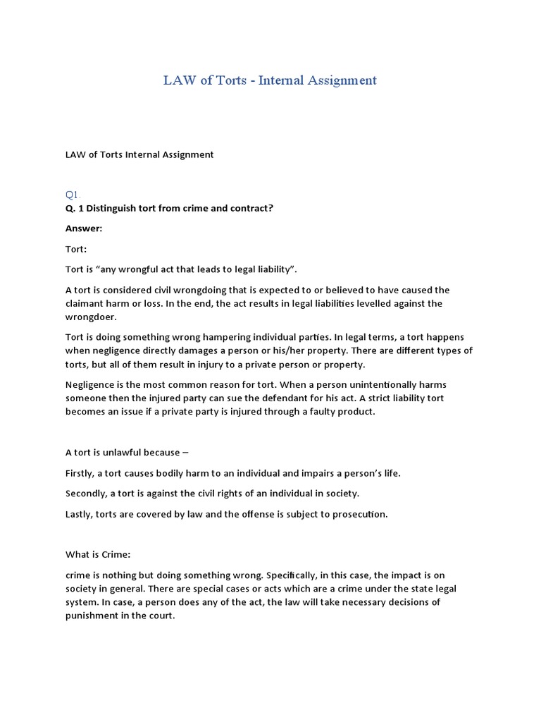 LAW of Torts Assignment | PDF