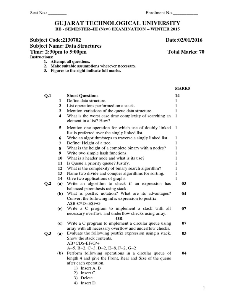 Data Structures Exam Questions Covering Stacks Queues Linked Lists Trees Searching Sorting