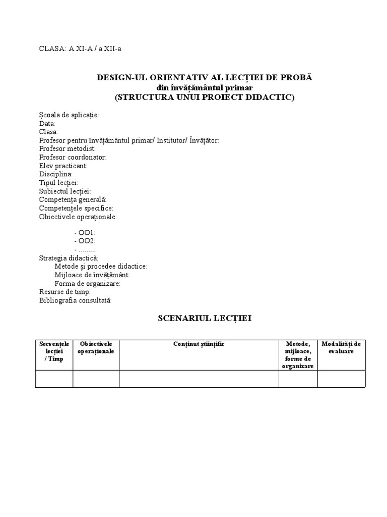 Structura Proiect Învățământ Primar | PDF