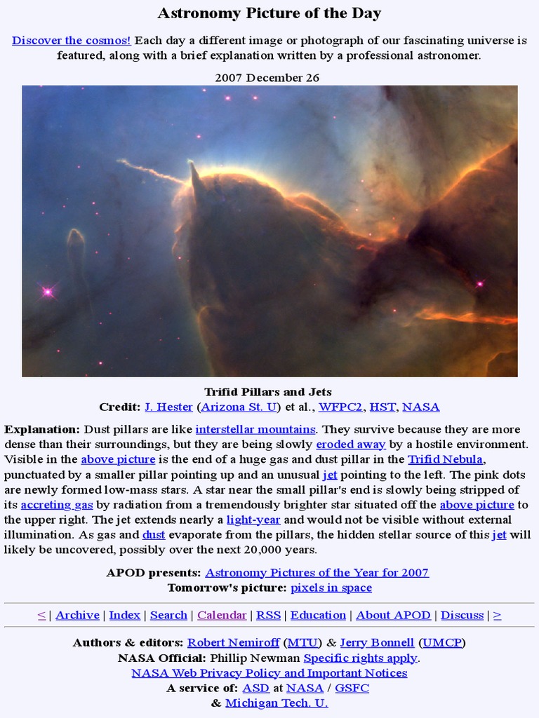 APOD 2007 December 26 - Trifid Pillars and Jets PDF | PDF