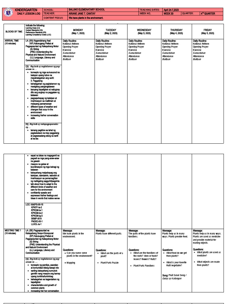 KINDERGARTEN DLL Week 33 | PDF | Learning | Cognition